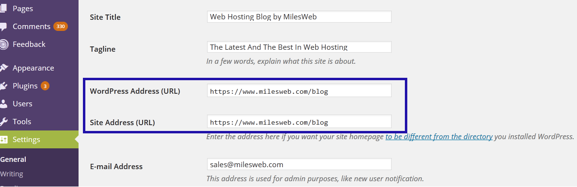 The subtle difference between WordPress address and site address
